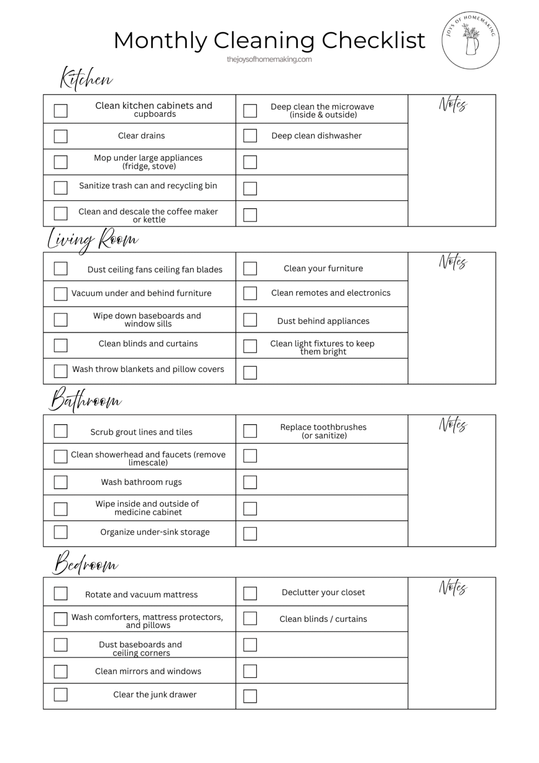 Monthly Cleaning Schedule To Keep Your Home Clean And Tidy (Plus Free ...